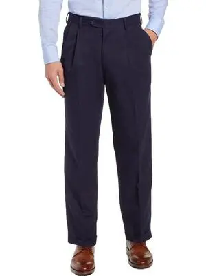 Berle Classic Fit Pleated Microfiber Trousers - Navy