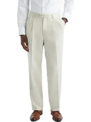 Berle Classic Fit Pleated Microfiber Trousers - Stone