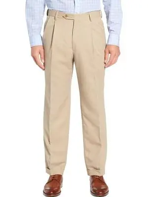 Berle Classic Fit Pleated Microfiber Trousers - Tan