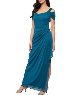 Alex Evenings Cold Shoulder Ruffle Gown - Peacock