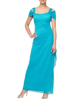 Alex Evenings Alex Evenings Cold Shoulder Ruffle Gown Turquoise
