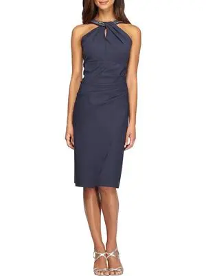 Alex Evenings Contour Collection Halter Embellished Cocktail Sheath Dress Charcoal