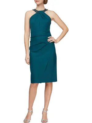 Alex Evenings Contour Collection Halter Embellished Cocktail Sheath Dress Deep Teal