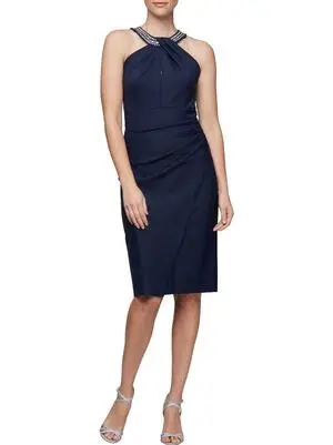 Alex Evenings Contour Collection Halter Embellished Cocktail Sheath Dress - Navy