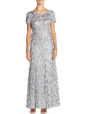 Alex Evenings Embellished Lace A-Line Evening Gown Dove