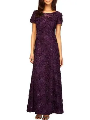 Alex Evenings Embellished Lace A-Line Evening Gown Eggplant