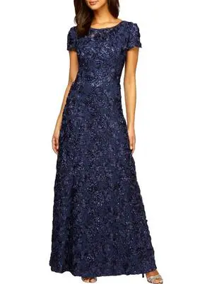 Alex Evenings Embellished Lace A-line Evening Gown - Navy