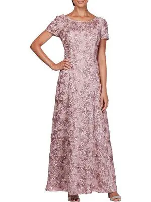 Alex Evenings Embellished Lace A-Line Evening Gown Rose