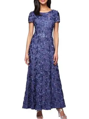 Alex Evenings Embellished Lace A-Line Evening Gown Violet Blue
