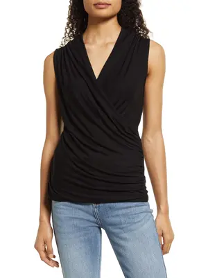 Loveappella Loveappella Cross Drape Sleeveless Top Black