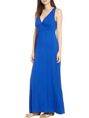 Loveappella V-neck Jersey Maxi Dress - Blue Maze