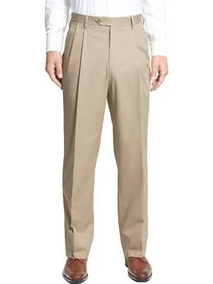 Berle Pleated Classic Fit Cotton Trousers - Khaki