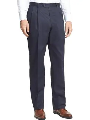 Berle Pleated Classic Fit Cotton Trousers - Navy