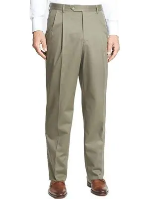 Berle Pleated Classic Fit Cotton Trousers - Olive