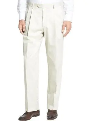 Berle Pleated Classic Fit Cotton Trousers - Stone