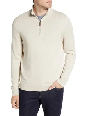 Nordstrom Cotton & Cashmere Half Zip Pullover Sweater Ivory Sand Heather