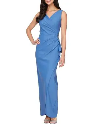 Alex Evenings Alex Evenings Embellished Side Drape Column Gown Cornflower