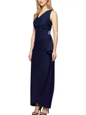 Alex Evenings Embellished Side Drape Column Gown - Navy