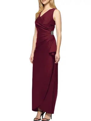 Alex Evenings Alex Evenings Embellished Side Drape Column Gown Wine