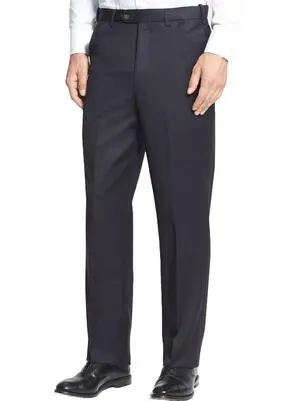 Berle Self Sizer Waist Flat Front Wool Gabardine Trousers - Black