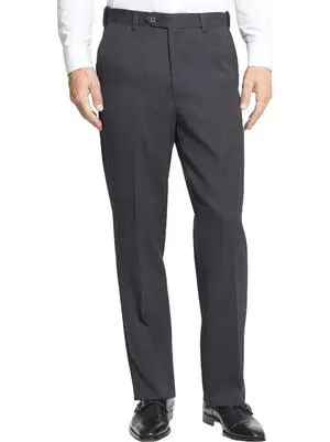 Berle Self Sizer Waist Flat Front Wool Gabardine Trousers - Charcoal