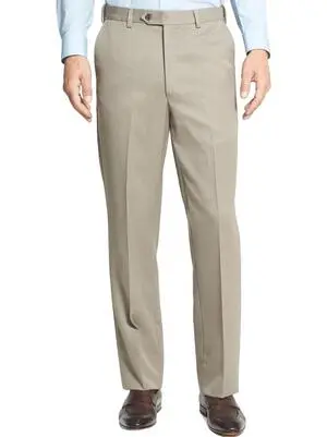 Berle Berle Self Sizer Waist Flat Front Wool Gabardine Trousers Tan