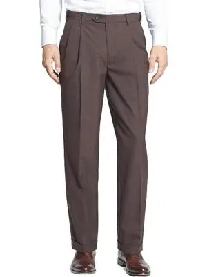 Berle Self Sizer Waist Plain Weave Pleated Washable Trousers - Brown