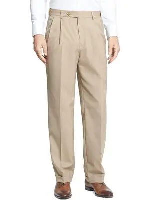 Berle Self Sizer Waist Plain Weave Pleated Washable Trousers - Tan