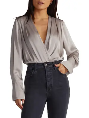 FAVORITE DAUGHTER Favorite Daughter Surplice Long Sleeve Bodysuit Camel Grey