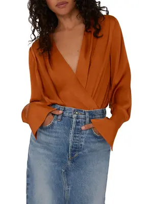 FAVORITE DAUGHTER Favorite Daughter Surplice Long Sleeve Bodysuit Caramel
