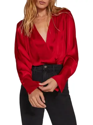 FAVORITE DAUGHTER Favorite Daughter Surplice Long Sleeve Bodysuit Cherry Red