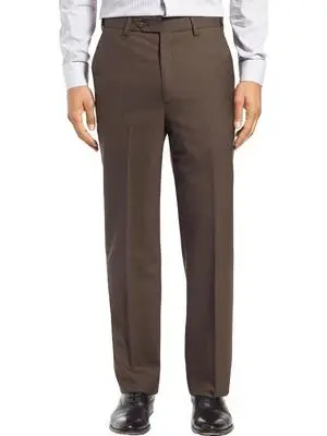Berle Self Sizer Waist Flat Front Trousers - Brown