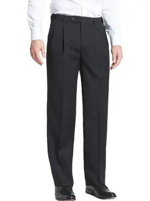 Berle Self Sizer Waist Pleated Classic Fit Wool Gabardine Dress Trousers - Charcoal