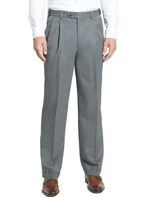 Berle Self Sizer Waist Pleated Classic Fit Wool Gabardine Dress Trousers - Medium Grey