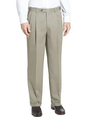 Berle Self Sizer Waist Pleated Classic Fit Wool Gabardine Dress Trousers - Tan