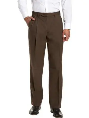 Berle Self Sizer Waist Pleated Lightweight Plain Weave Classic Fit Trousers - Brown