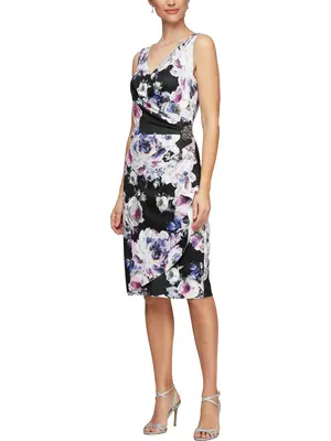 Alex Evenings Contour Collection Side Ruched Cocktail Dress Black Multi