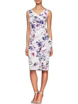 Alex Evenings Contour Collection Side Ruched Cocktail Dress Ivory Multi