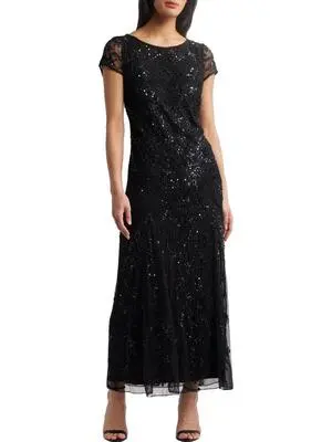 Pisarro Nights Pisarro Nights Beaded Mesh Midi Cocktail Dress Black