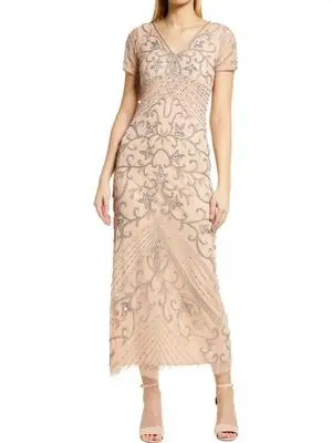 Pisarro Nights Pisarro Nights Beaded Mesh Midi Cocktail Dress Blush