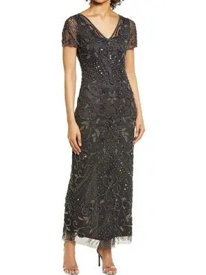 Pisarro Nights Pisarro Nights Beaded Mesh Midi Cocktail Dress Carbon