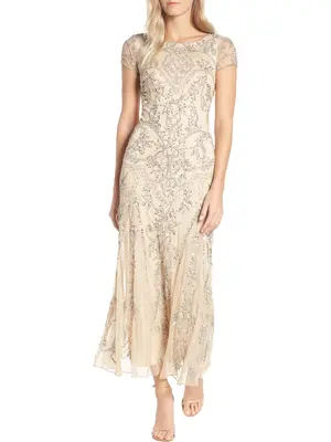 Pisarro Nights Pisarro Nights Beaded Mesh Midi Cocktail Dress Champagne