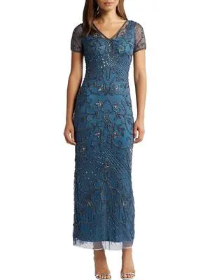 Pisarro Nights Pisarro Nights Beaded Mesh Midi Cocktail Dress Cobalt