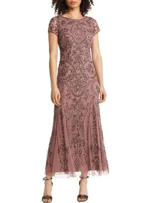 Pisarro Nights Pisarro Nights Beaded Mesh Midi Cocktail Dress Dark Mauve