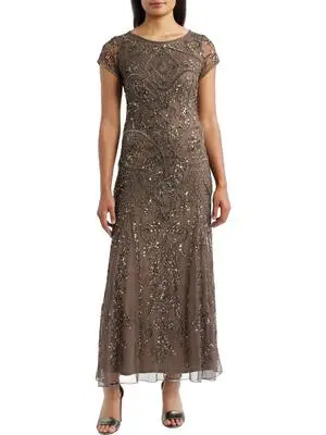 Pisarro Nights Pisarro Nights Beaded Mesh Midi Cocktail Dress Dark Mocha