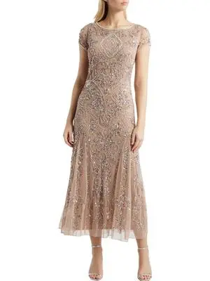 Pisarro Nights Pisarro Nights Beaded Mesh Midi Cocktail Dress Deep Champagne