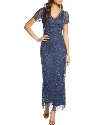Pisarro Nights Pisarro Nights Beaded Mesh Midi Cocktail Dress Denim