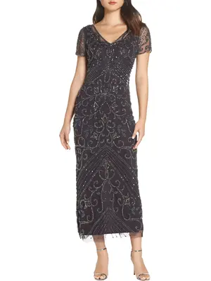 Pisarro Nights Pisarro Nights Beaded Mesh Midi Cocktail Dress Eggplant