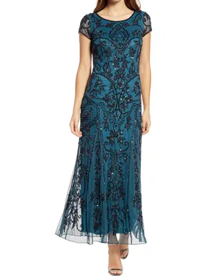 Pisarro Nights Pisarro Nights Beaded Mesh Midi Cocktail Dress Emerald