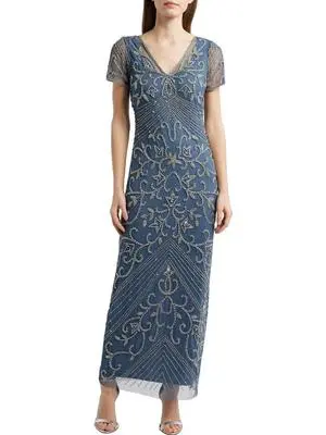 Pisarro Nights Pisarro Nights Beaded Mesh Midi Cocktail Dress Grey 020